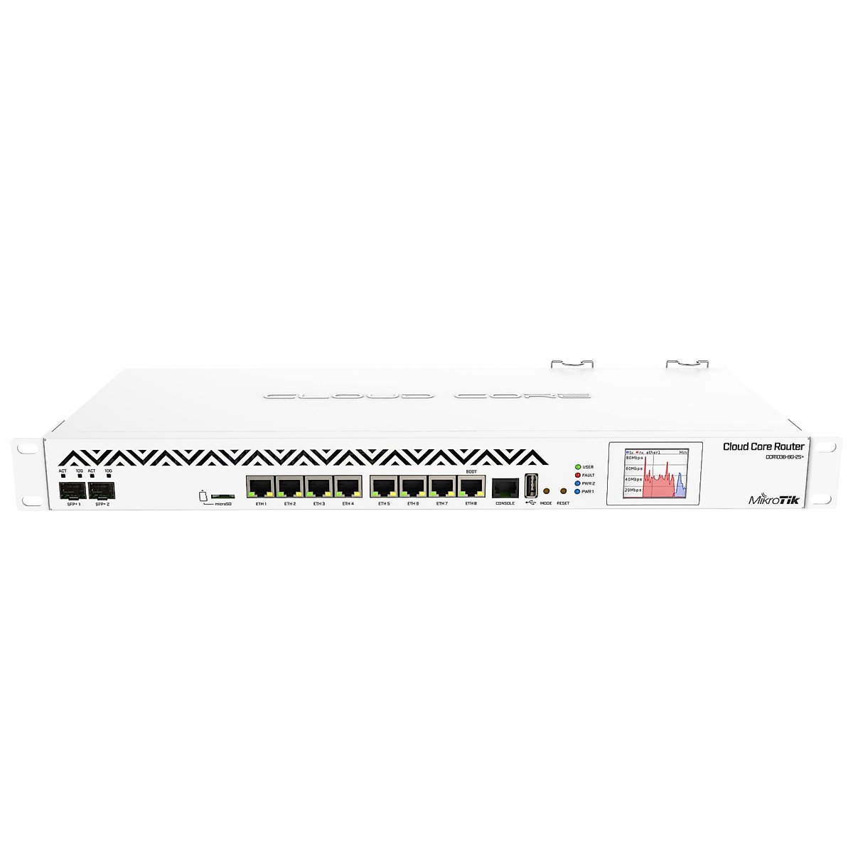 Mikrotik CCR1036-8G-2S+EM 1U rackmount, 8x Gigabit Ethernet, 2xSFP+ cages, LCD, 36 cores x 1.2GHz CPU, 8GB RAM, 41.5mpps fastpath, Up to 28Gbit/s throughput, RouterOS L6, Dual PSU