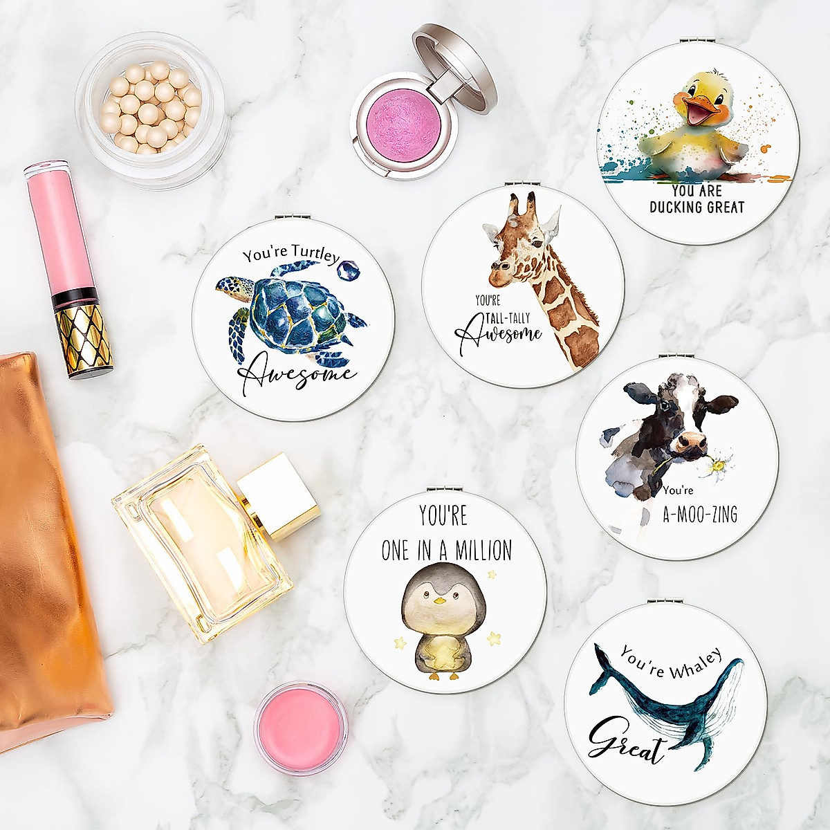 Leinuosen 6 Pcs Inspirational Compact Mirror Bulk You're Awesome Appreciation Thank You Gifts Round Makeup Mirror for Women Employee Coworker Staff Magnifying Pocket Mirror