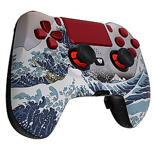 HEXGAMING HYPER Wireless Controller Compatible with ps4-4 Back Buttons, Triggers stop, Interchangeable Thumbsticks - The Great Wave Red