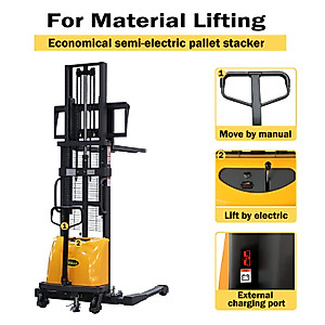 Economy Semi Electric Pallet Stacker 98inch Lifting Height Material Lifter for Warehouse 3300lbs Capacity Straddle Legs with Adjustable Forks