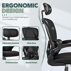 Shahoo Ergonomic Office Chair, High Back with Breathable Mesh Seat,Adjustable Lumbar Support, Headrest and Flip-up Arms, Black