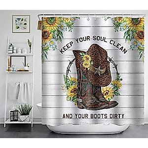 SKAILIÉ 4PCS Western Shower Curtain Set, Cowboy Boots Leopard Print Hat Yellow Sunflower White Daisy Floral Wild West Country Rustic Farmhouse Bathroom Decor, Fabric Shower Curtain, Non-Slip Bath Mat
