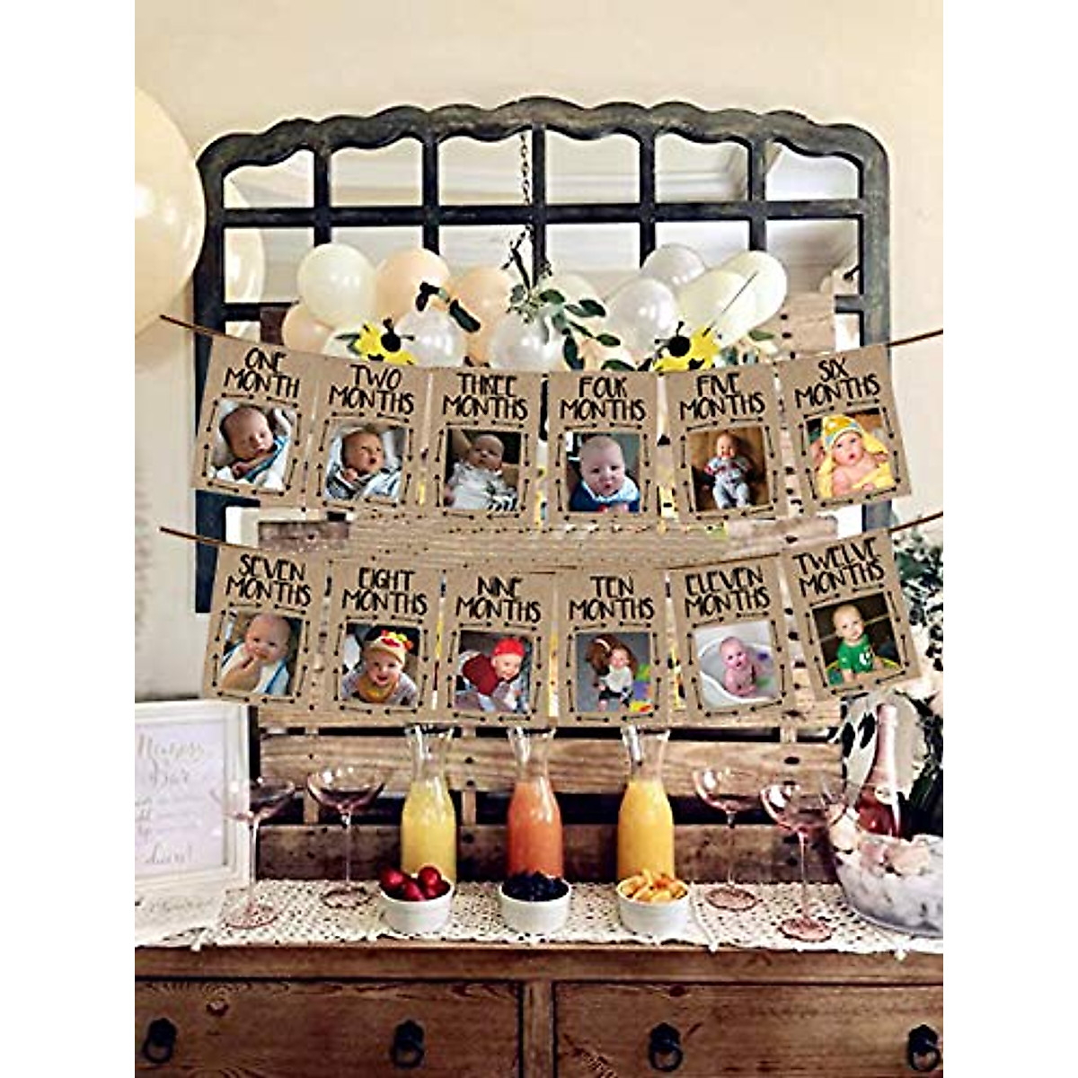 Burlap 1st Birthday Baby Photo Banner ,Newborn Baby Monthly Milestone Photograph Bunting Garland for Baby Shower First Birthday Party Decoration