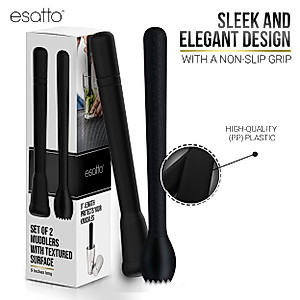 Esatto Professional Bar Tool Muddler 25 CM (9 Inches) Ribbed – Made with ABS Plastic, Black Set of 2 – Durable and Ribbed for Mashing Fruits, Berries, Sugar, Spices, and Herbs