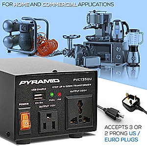 Pyramid Step Up and Down Converter -350 Watt Voltage Converter Transformer w/ USB Charging Port, UK Power Adapter, AC 110 / 120 to 220 / 240 Volt Vice Versa, 110V/120V/220V/240V Input Voltage PVCT350U
