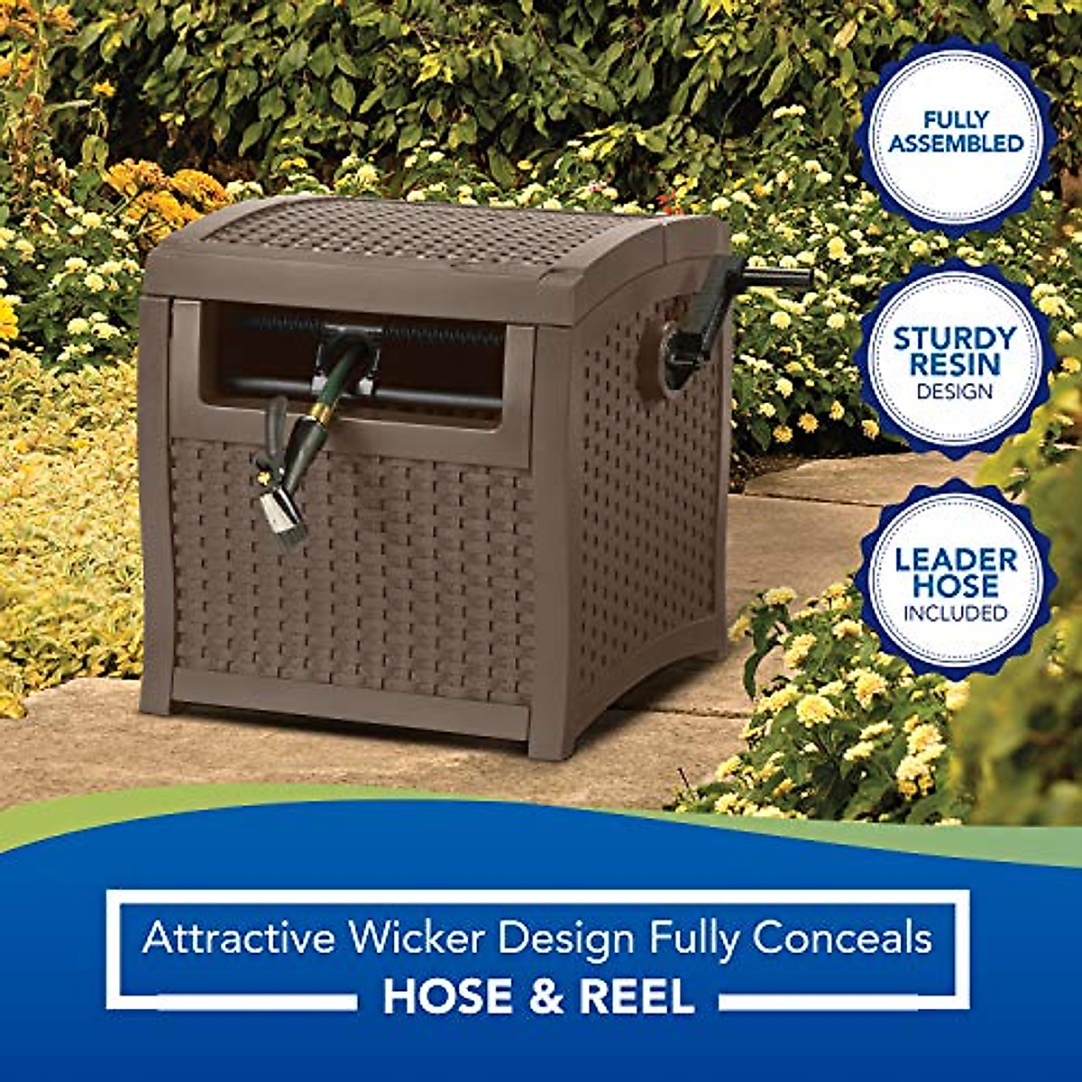 Suncast CPLSMW200 SMW200 Hose Reel & 33 Gallon Hideaway Can Resin Outdoor Trash with Lid Use in Backyard, Deck, or Patio, 33-Gallon, Brown