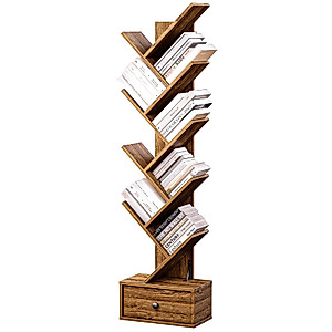 Pipishell Bookshelf with Drawer, 8-Tier Vertical Tree Bookshelf, Modern Bookcase, Modern Book Storage, Book Shelf Organizer for Living Room, Bedroom, Home Office, Rustic Brown, PIBS03WN