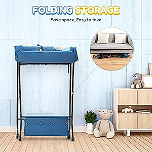 Baby Changing Table, Portable Folding Diaper Changing Station with Wheels, Adjustable Height Mobile Nursery Organizer, Large Storage Racks for Newborn Baby &Infant