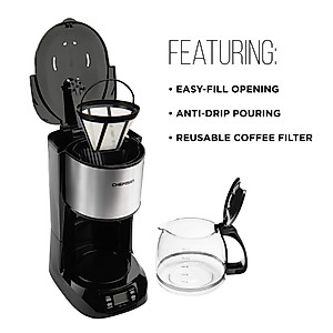 Chefman 12-Cup Programmable Coffee Maker, Electric Brewer, Auto Shut Off, LCD Display With Auto-Brew Function, Anti-Drip Pot, Reusable Filter for Fresh Grounds, Round Stainless Steel, Glass Carafe