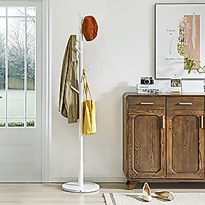 IBUYKE Coat Rack Stand, Freestanding Coat Tree with Solid Round Base and 8 Hooks, Easy Assembly Wooden Coat Hanger, Clothes Rack for Hallway Entryway, Living Room, Bedroom, Office, White WD-114