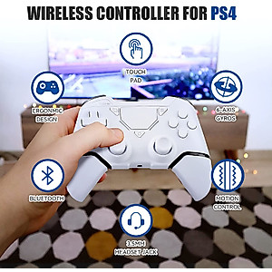 Wireless Controller for PS-4,Wireless Game Controller for PS-4/Pro/Slim Console, with Dual Vibration/6-Axis Gyro Sensor/Audio Function compatible for PC Platform (White)