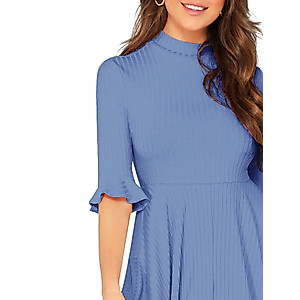 Verdusa Women's Elegant Ribbed Knit Bell Sleeve Fit and Flare Midi Dress Slate Blue S