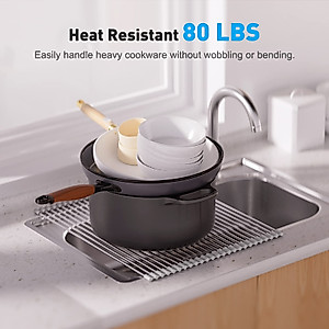 EMBATHER Roll Up Dish Drying Rack Over The Sink, Dish Drying Rack for Kitchen Counter, Multipurpose Stainless Steel Foldable Kitchen Drainer Rack with Silicone Mat, Anti-Slip, (Grey, 17.8"x11.8")