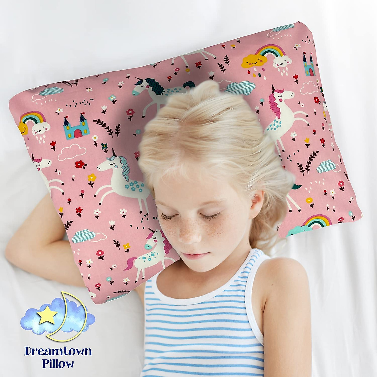 Dreamtown Kids Toddler Pillow & Pillowcase, Hypoallergenic, Made in USA, Soft & Breathable