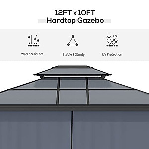 Outsunny 10' x 12' Hardtop Gazebo Canopy with Polycarbonate Double Roof, Aluminum Frame, Permanent Pavilion Outdoor Gazebo with Netting and Curtains for Patio, Garden, Backyard, Deck, Lawn, Black