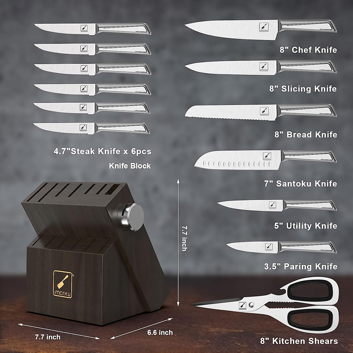 Knife Sets for Kitchen with Block imarku G14 Japanese Knife Set Stainless Steel Kitchen with Block 14pcs, Built-in Sharpener, Sharp Knife Block Set with Non-slip Ergonomic Handles - Dishwasher Safe