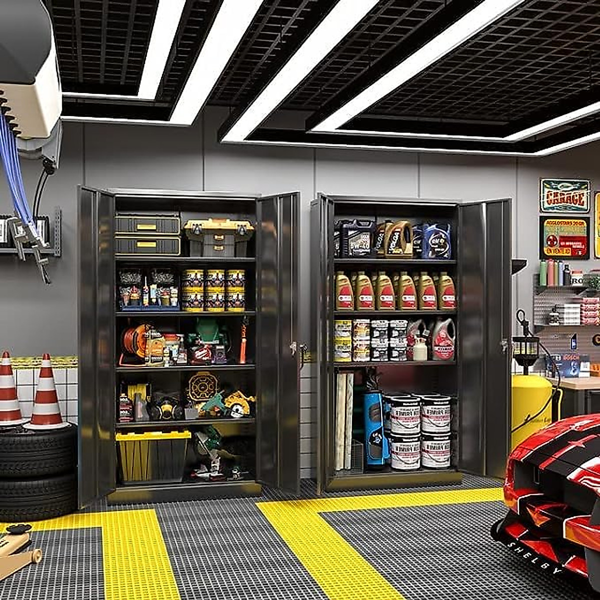 Greenvelly Metal Cabinet, 72” Black Tool Steel Locking Cabinet with Doors and 4 Shelves, Tall Cabinets for Garage Storage Systems Lockable File Cabinet for Home Office, Classroom/Pantry