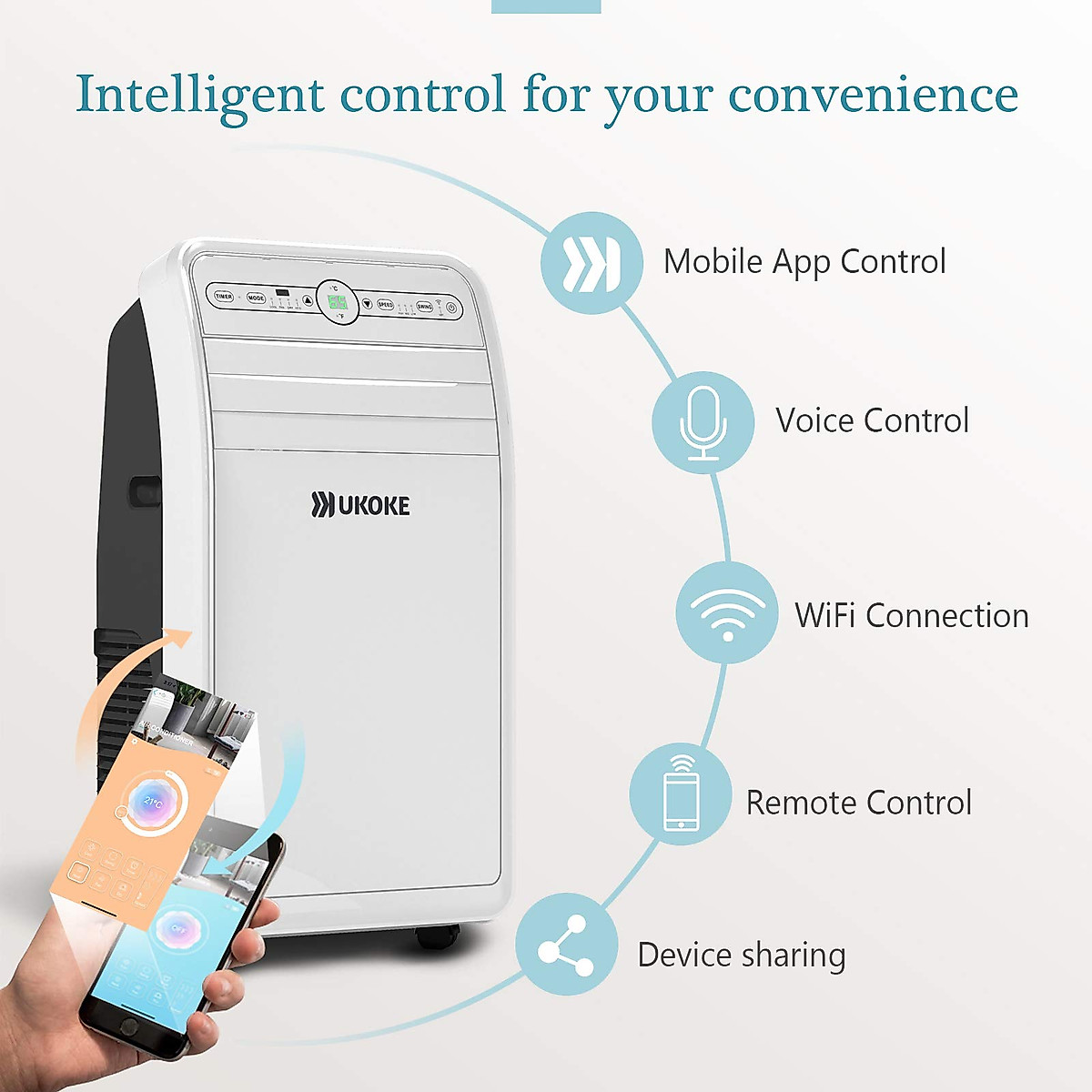 Ukoke USPC01W Smart WiFi Portable Air Conditioner, Works with Alexa & Mobile App Control, 12000BTU, 4 in 1 AC Unit with Cool, Heat, Dehumidifier & Fan, up to 400 Sq. ft, White