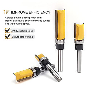 Pattern Flush Trim Router Bit Set, Newdeli Straight Cut Router Bit with a Bearing Prevent Tear-Out, Template Guide Woodworking Milling Cutter Tool