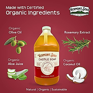 Vermont Castile Soap Patchouli Rose, Gentle Liquid Soap for Sensitive Skin & Natural Body Wash, Organic Hair Shampoo for Oily Hair, Aloe Castile Soap for Men & Women - 64 Oz