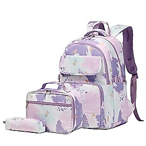 Rexmore Kids Backpack for Girls,3 Pcs Set Elementary Bookbag Waterproof Cute School Bag with Multi Pockets and Compartment,Purple