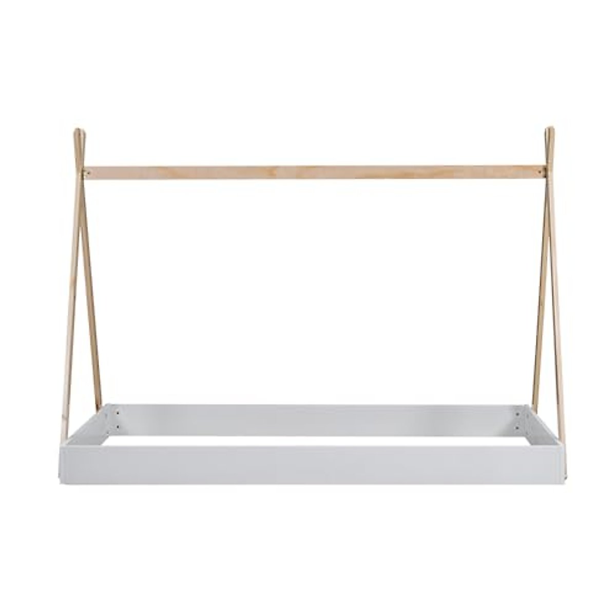 CABSETT Teepee Bed Frame for Kids, Twin Size Tent Floor Bed with Triangle Structure, Floor Platform Bed with X-Shaped Safety Railings, White+Natural