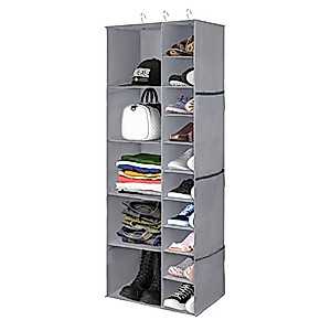 Libeder Shoe Organizer for Closet, 15 Shelf Hanging Closet Storage Shelves - 10 Shoe Rack Organizer and 5 Compartment for Clothes with 6 Side Mesh Pockets for Scarves Socks,Gloves Grey