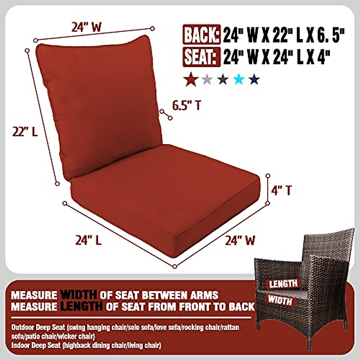 Sundale Outdoor 2PCS Waterproof Olefin Deep Seat Cushions, Outdoor/Indoor Durable Thicken Pad with Adjustable Straps, Perfect for Courtyard, Patio, Garden, Living Room (Red, 24" W x 24" D x 4" T)