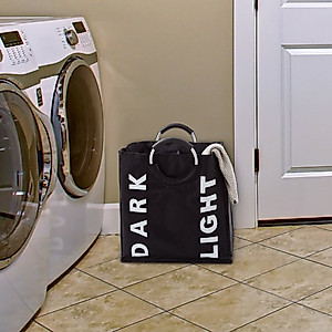 Double Laundry Hamper Sorter- Collapsible Canvas Clothes Basket with Dual Sorting Sections and Round Handles by Lavish Home (Organizer for Home/Dorm) Black Large