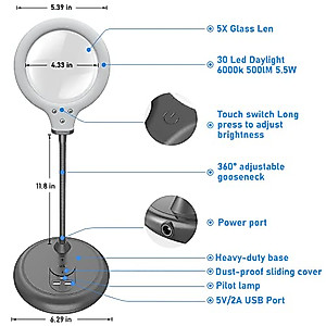 2 USB Rechargeable 5X Magnifying Glass with Light and Stand, Large Desktop Magnifying Lamp for Reading, Hobbies, Crafts, Workbench