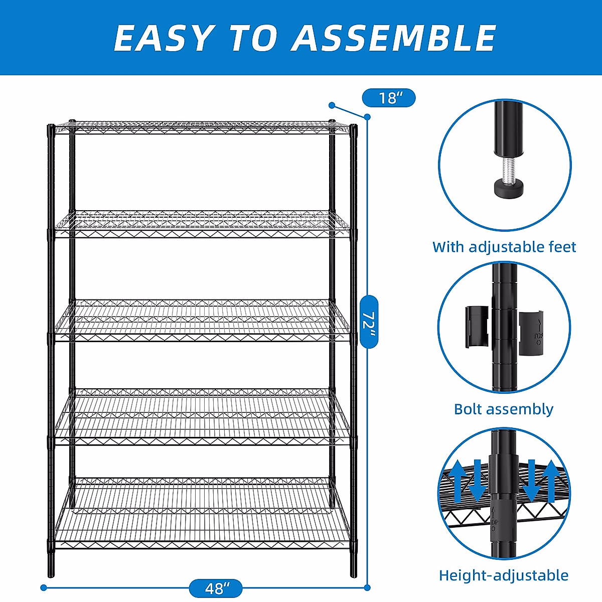 Guan River 5-Shelf Adjustable Metal Shelf Wire Shelving Unit Heavy Duty Storage Rack Display Shelf for Office,Kitchen,Bedroom,Bathroom,Laundry,Pantry Basement,Garage(Black,48" L x 18" W x 72" H)