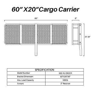 ARKSEN 60 x 20 Inch Angled Cargo Rack Carrier 500 Lbs Heavy Duty Capacity Tow Hitch, Luggage Storage Basket for Camping or Traveling, SUV, Pickup Truck or Car