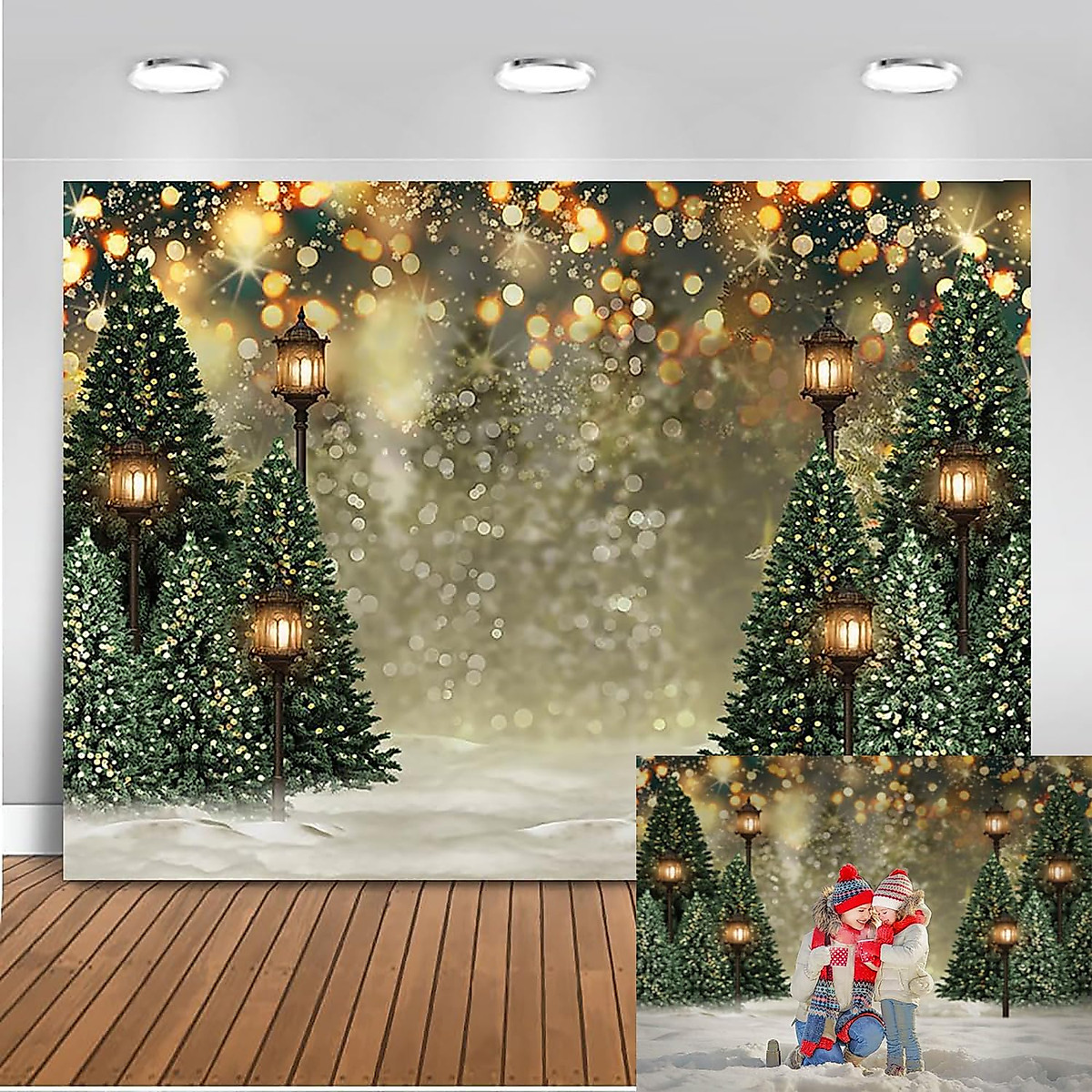 Mocsicka 10x8ft Winter Christmas Backdrop for Photography Christmas Glitter Bokeh Green Pine Tree Lamps Photo Backdrop Xmas Family Pictures for Kids Newborn Photography Background