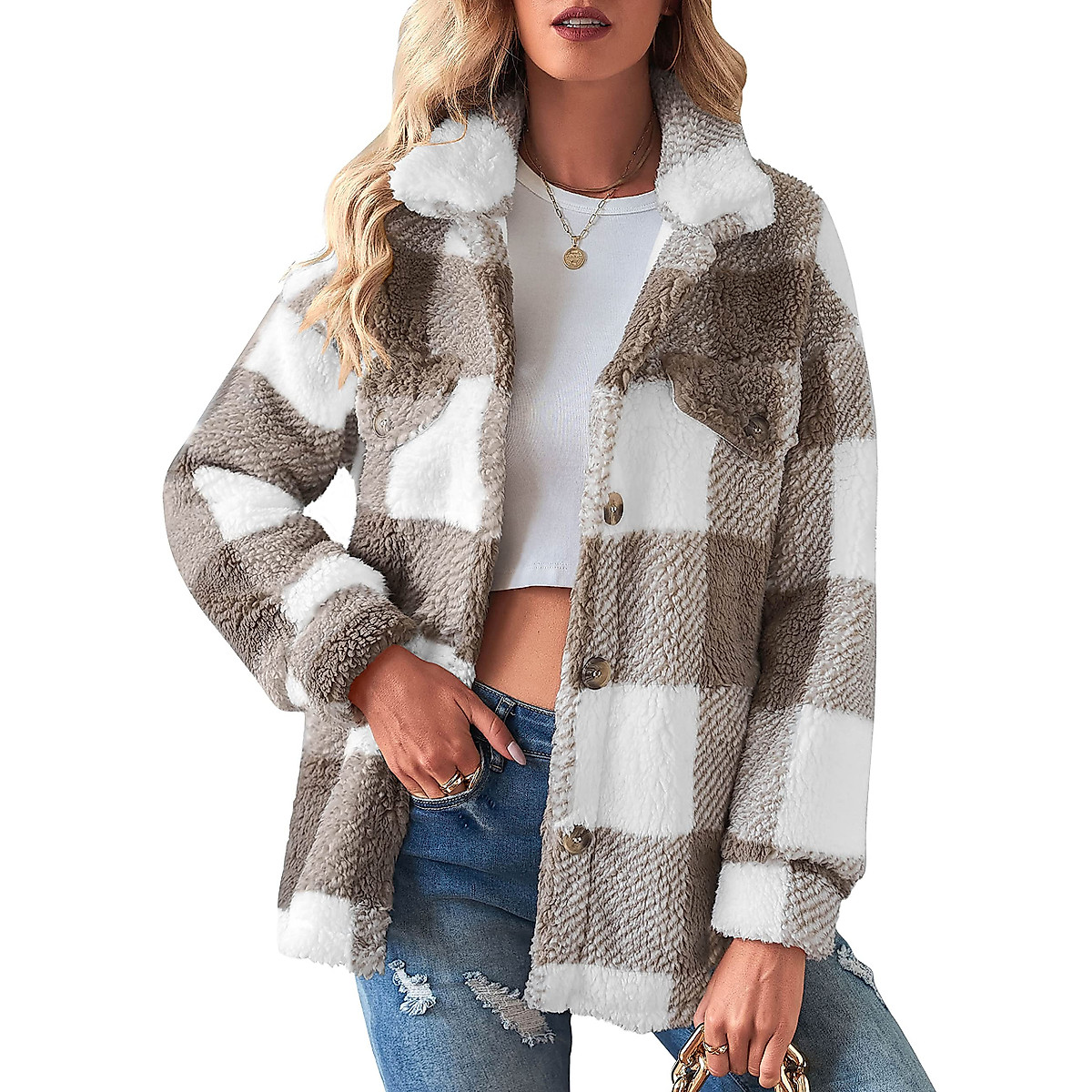 MEROKEETY Womens Plaid Long Sleeve Button Down Fleece Shacket Jackets Sherpa Teddy Coat with Pockets, Khaki, S