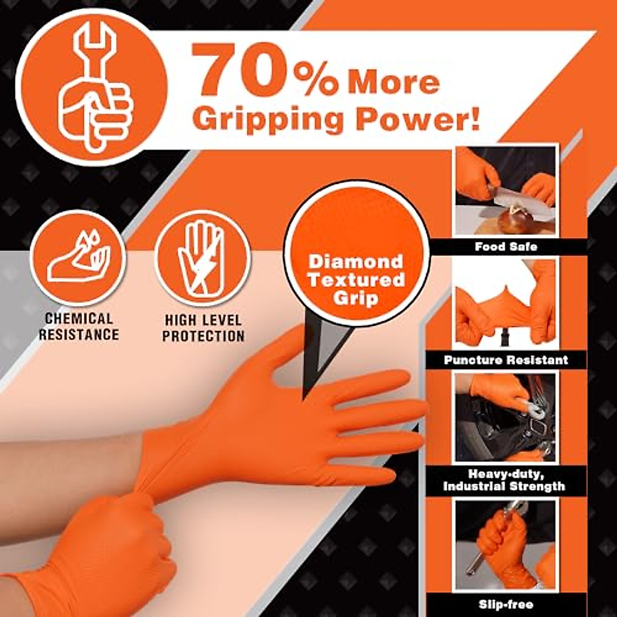 MEDPRAYER Industrial Orange Nitrile Gloves – Disposable Rubber Gloves 8 Mil – Raised Diamond Texture, Latex & Powder Free - Size Large, Pack of 1000