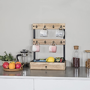 Yuzehuaza Wood Mug Cup Rack Stand with Drawer,2 Tier Countertop Coffee Mug Storage Holder for Coffee Mug Cups Display Organizer Hook,Hold 8 Mugs