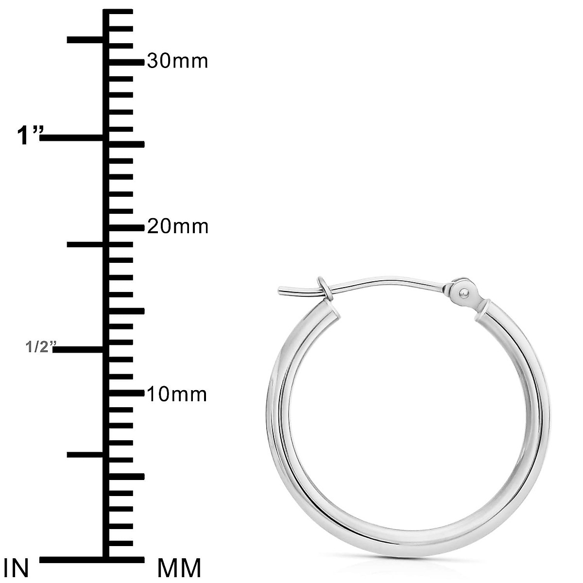 14k White Gold Polished Real Gold Hoop Earrings, Plain Round White Gold Hoop Earrings for Women, 14kt Real Gold 16mm (0.63 inch)