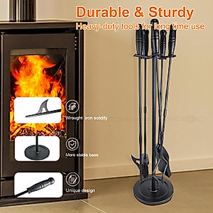 VODA Fireplace Tools Set 5 Pcs 31In Cast Iron Fireplace Tools Indoor Fireside Accessories Large Fire Place Tool Set Outdoor Holder Fire Kit with Poker Shovel Tongs Brush, Stand