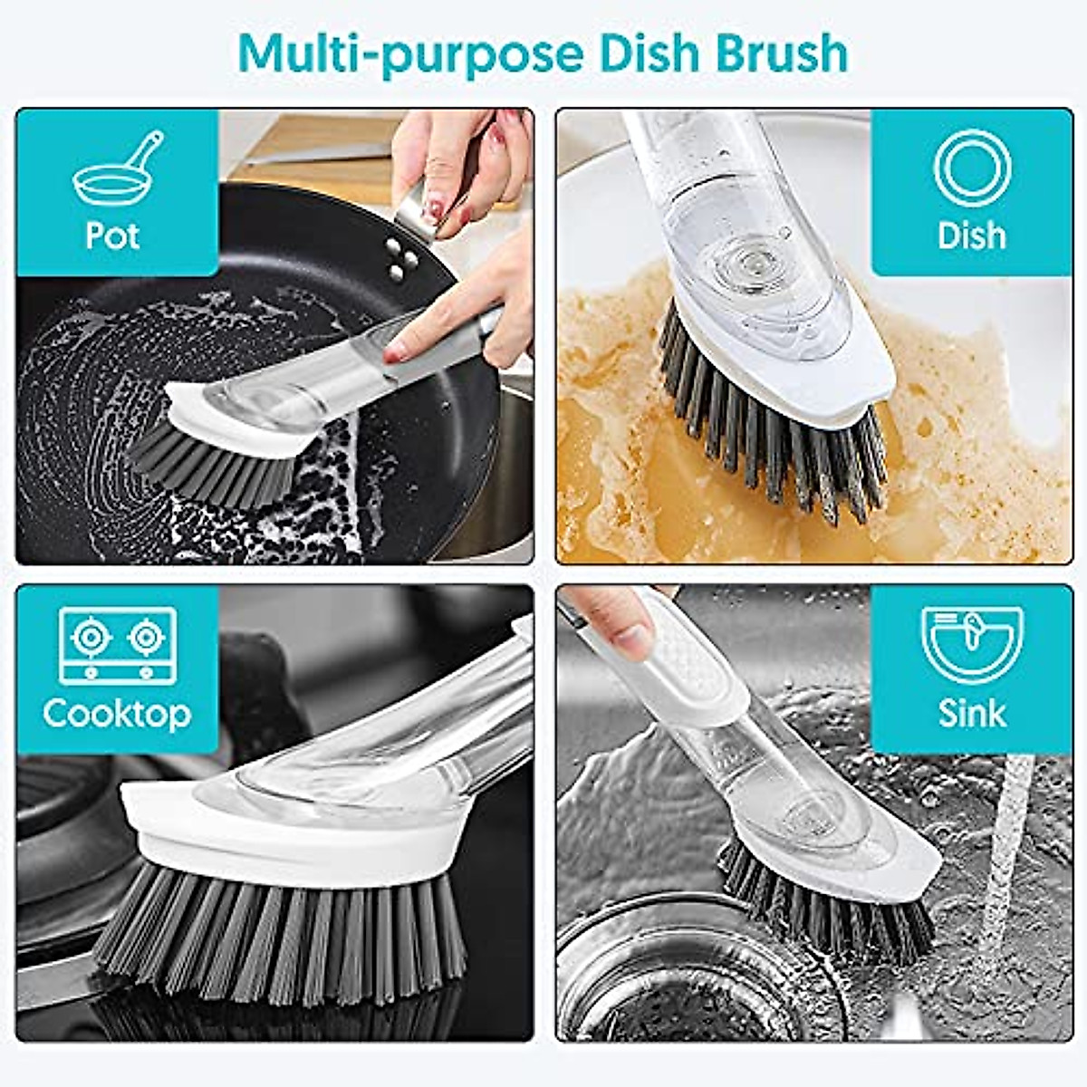 Soap Dispensing Dish Brush Set - FORSPEEDER Kitchen Brush with Stand 3 Brush Replacement Heads Stainless Steel Handle, Dish Wand Scrub Brush for Dishes Sink Pot Pan Cleaning