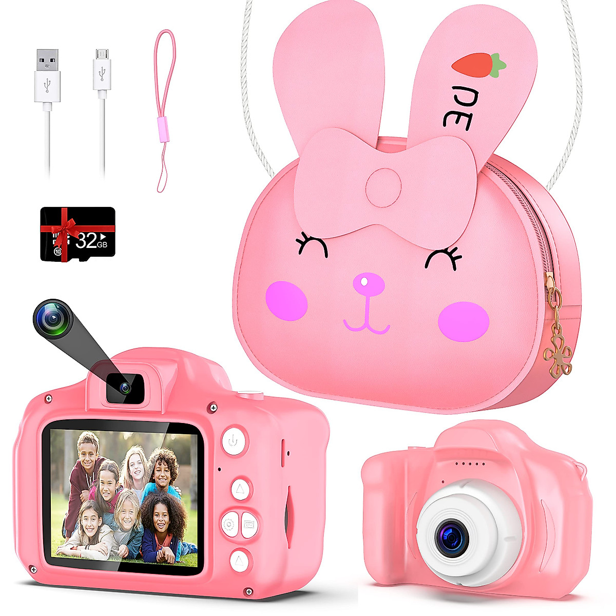 ACHSON’s Selfie Kids Camera, Christmas Birthday Gifts for Girls Age 3-9, HD Digital Video Cameras for Toddler, Portable Toy for 3 4 5 6 7 8 9 Year Old Girl with 32GB SD Card & Bunny Bag -Pink