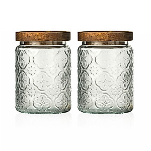 Snminetal Vintage Glass Airtight Storage Jar, With Airtight Wood Lid, Kitchen Glass Food Storage Containers, for Candy, Coffee Tea Beans, Oats,Flour, Grains,Food Storage Jar 24oz (plum pattern)