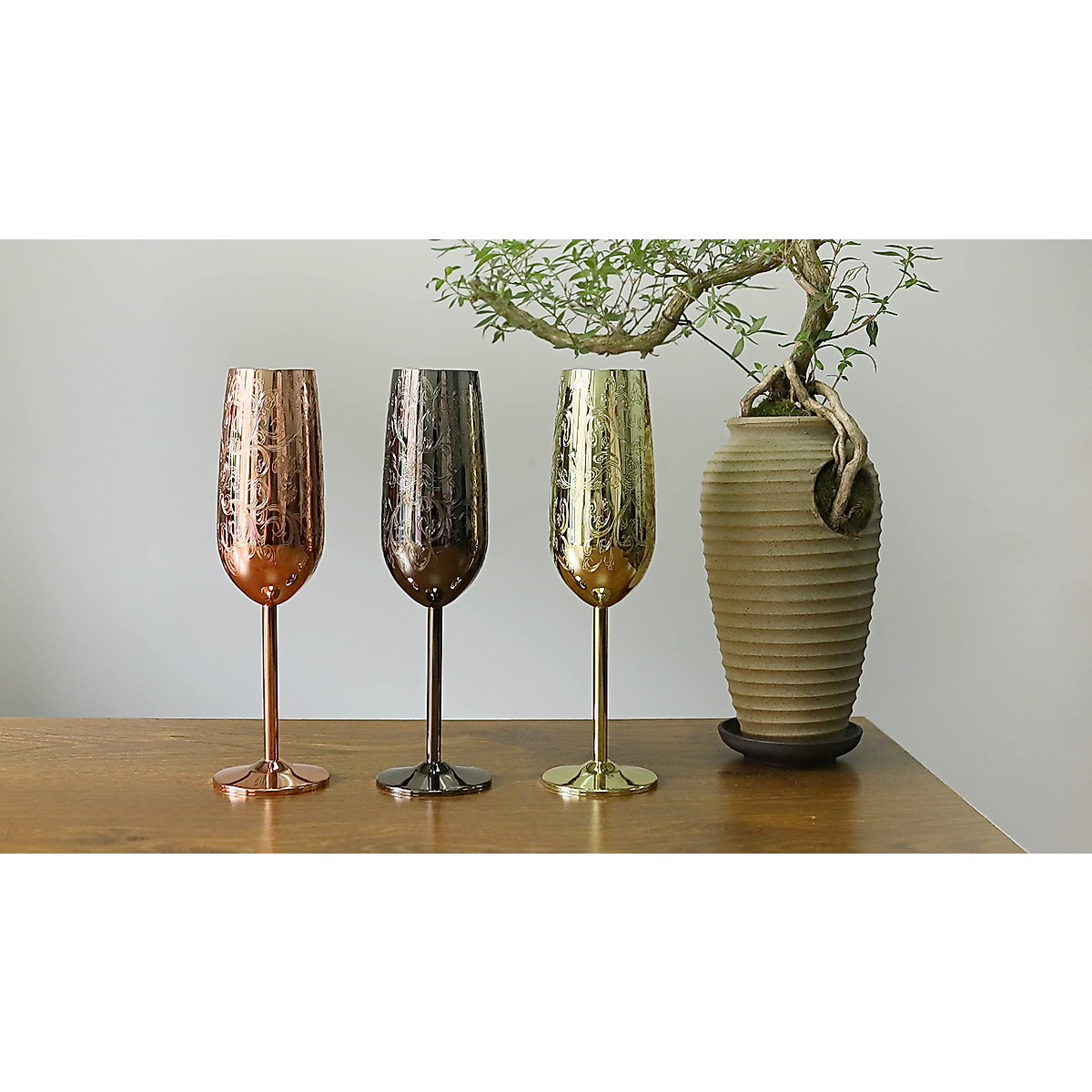 Sky Fish Etching Stainless Steel Champagne Flutes Glass Set of 2, 200ML champagne glasses wedding set for Wedding,Parties and Anniversary (Black Plated)