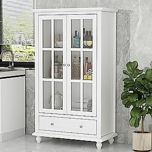 AIEGLE Storage Cabinet, Tall Display Cabinet Bookcase with Drawer & Glass Doors, Floor Locker Cabinet Bookshelf for Living Room Office, White (31.5" W x 15.7" D x 55.1" H)