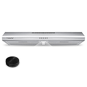 AMZCHEF Under Cabinet Range Hood 30 Inch, 250CFM Stainless Steel Kitchen Stove Vent Hood 3 Speed Exhaust Fan Button Control LED lights Dishwasher-Safe Aluminum Filters with Charcoal Filter