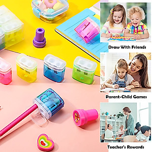 48 Pieces Pencil Sharpeners Manual Double Hole Pencil Sharpener with Lid Hand for School Office Home, Handheld Plastic Crayon Sharpener,Colourful Birthday Favor,Christmas Child Stocking