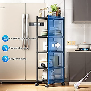 PXRACK 5 Tie Storage Shelves, Metal Heavy Duty Shelf for Storage with Wheels Adjustable Shelving Storage for Garage Bathroom Kitchen, Narrow Storage Racks Organizer Corner Shelf 12.2”*16.73”*59.45”