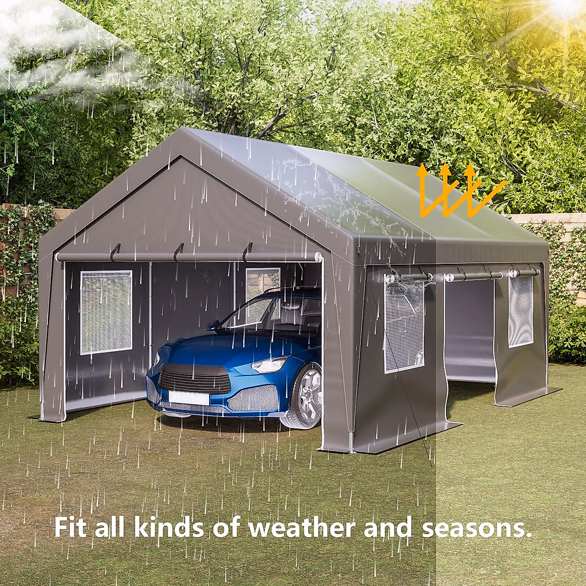 DetalleGo Carport, 13x20 ft Heavy Duty Carport Canopy with Removable Sidewalls and Doors, Portable Garage with Roll-up Ventilated Windows Storage Shelter for Car, Truck, SUV, Boat