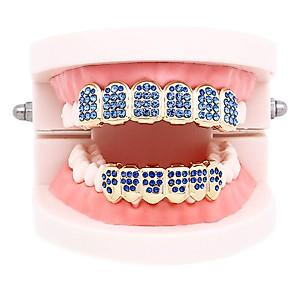 18K Gold Plated Iced Out CZ with Red Blue Pink Diamond Top and Bottom Grills for Your Teeth Men Women Hip Hop Jewelry