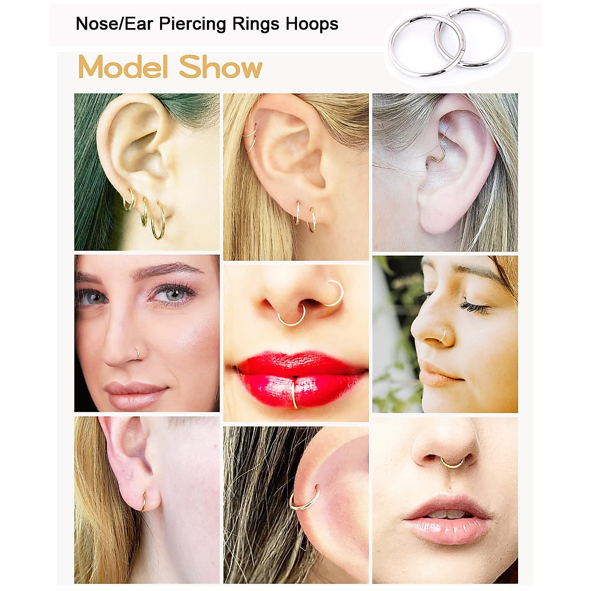 Silver Nose Rings Hoops for Women Hypoallergenic Titanium Surgical Stainless Steel Cute Hinged Clicker 16G 8mm Small for Tragus Helix Conch Daith Piercing Jewelry