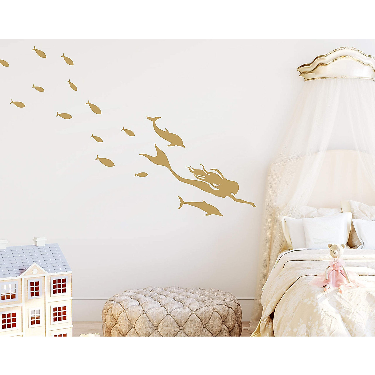 Yyart Mermaid Wall Decals, Fish Wall Stickers, Nautical Sea Ocean Dolphin Decal, Vinyl Sticker for Bathroom, Nursery Decor, Home Decor Art Mural A56 (Gold)